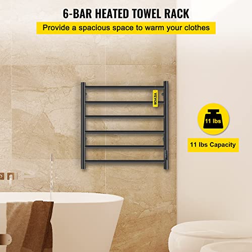 VEVOR Heated Towel Rack, 6-Bar Towel Warmer Rack, Wall Mounted Electric Towel Warmer, Electric Towel Drying Rack with Timer, Matte Black Stainless Steel Heated Towel Warmer for Bath, Plug-in/Hardwired