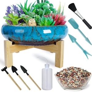 succulent pots, 10 inch large succulent planters with stand - ceramic bonsai pot with drainage for indoor plants cactus flower planter pot plus succulent planting tools set & 2.2lb mix pebbles