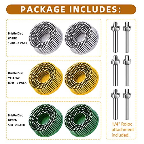 6 Pack 2 Inch Bristle Disc Grit 50# 80# 120# with 1/4" Shank Attachment Abrasive Coating Removal Disc for Metal (6, 2 inch)