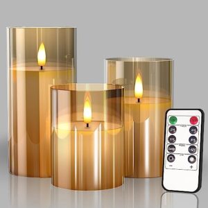 glass battery operated led flameless candles with remote and timer, real wax candles warm color flickering light for festival wedding home party decor(pack of 3)-gold