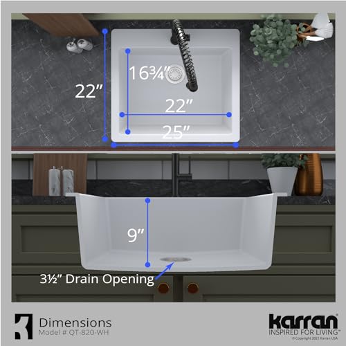 Karran QT-820 Top Mount 25 in. Single Bowl Quartz Kitchen Sink in White