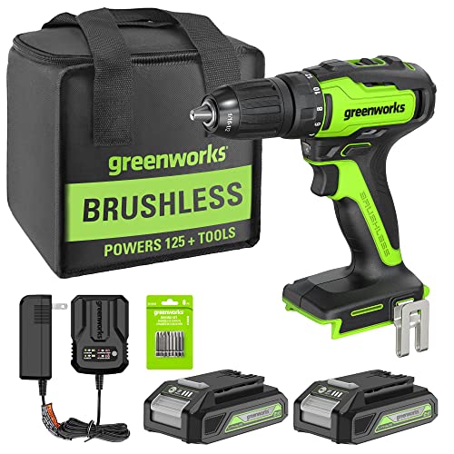 Greenworks 24V Brushless Cordless Drill Kit, 310 in./lbs, 18+1 Position Clutch, 1/2 '' Keyless Chuck, Variable Speed, (2)2Ah Batteries with 2A Charger, LED Light, 8pcs Drill Bits with Tool Bag