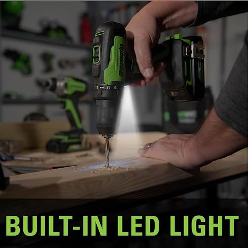 Greenworks 24V Brushless Cordless Drill Kit, 310 in./lbs, 18+1 Position Clutch, 1/2 '' Keyless Chuck, Variable Speed, (2)2Ah Batteries with 2A Charger, LED Light, 8pcs Drill Bits with Tool Bag