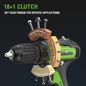 Greenworks 24V Brushless Cordless Drill Kit, 310 in./lbs, 18+1 Position Clutch, 1/2 '' Keyless Chuck, Variable Speed, (2)2Ah Batteries with 2A Charger, LED Light, 8pcs Drill Bits with Tool Bag