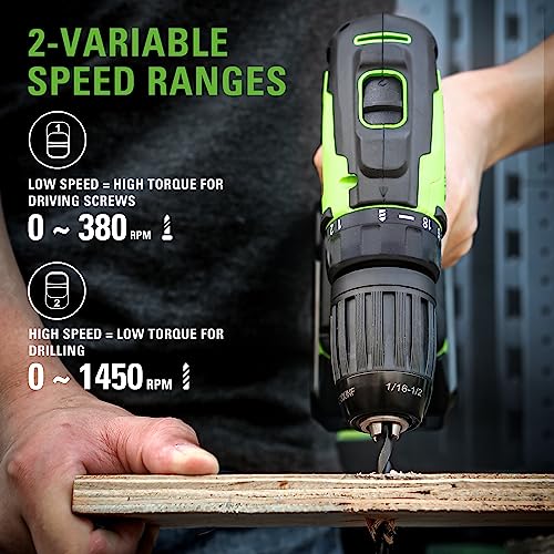 Greenworks 24V Brushless Cordless Drill Kit, 310 in./lbs, 18+1 Position Clutch, 1/2 '' Keyless Chuck, Variable Speed, (2)2Ah Batteries with 2A Charger, LED Light, 8pcs Drill Bits with Tool Bag