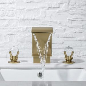 BANGPU Bathroom Sink Faucet 3 Hole Widespread Waterfall Bathroom Faucets with Crystals Handles Basin Mixer Tap 8-Inch High Arc Vanity Faucet with Supply Hose, Brushed Gold