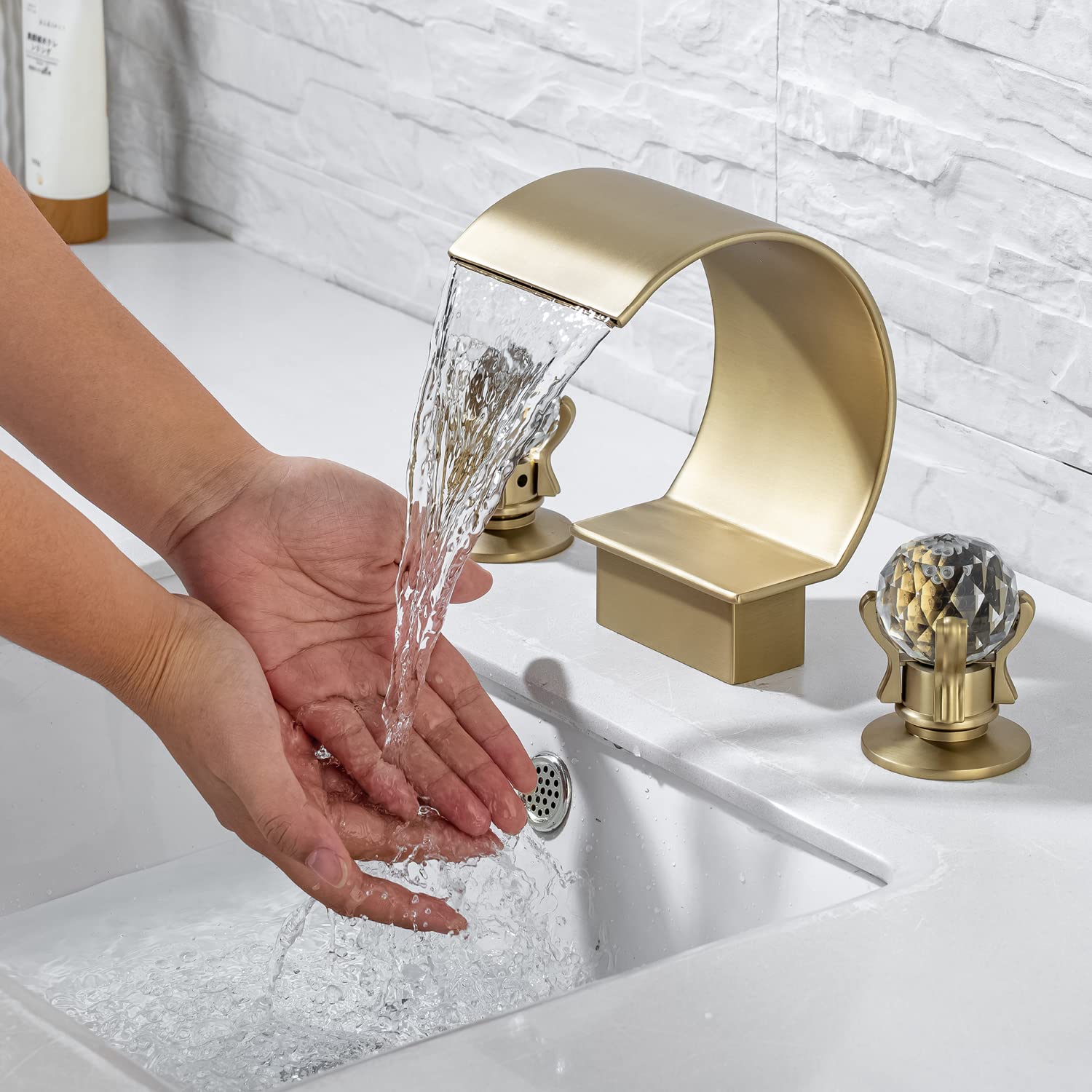 BANGPU Bathroom Sink Faucet 3 Hole Widespread Waterfall Bathroom Faucets with Crystals Handles Basin Mixer Tap 8-Inch High Arc Vanity Faucet with Supply Hose, Brushed Gold