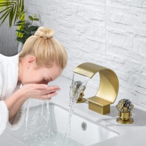 BANGPU Bathroom Sink Faucet 3 Hole Widespread Waterfall Bathroom Faucets with Crystals Handles Basin Mixer Tap 8-Inch High Arc Vanity Faucet with Supply Hose, Brushed Gold