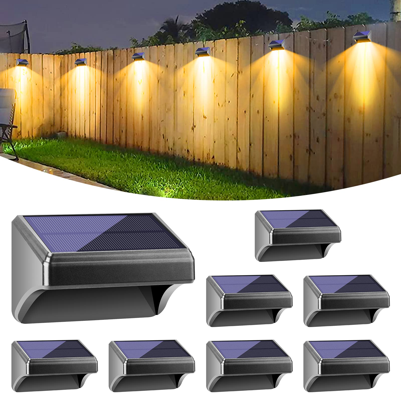 Bridika Solar Fence Lights, Outdoor Waterproof Warm White & Color Glow LED, Solar Outdoor Wall Lights for Backyard, Patio, Deck Railing, Stair Handrail, Pool and Wall (8 Packs)