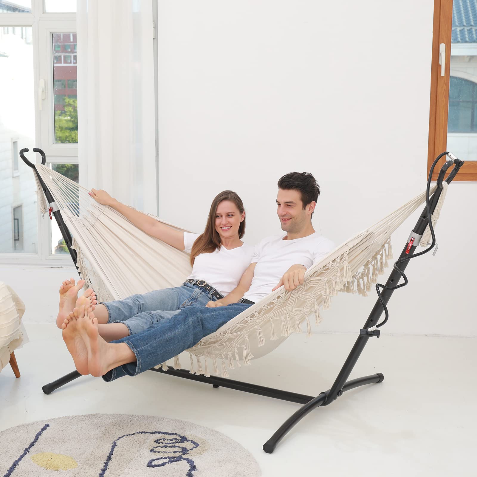 SXSEAGLE Hammock Hanging Swing Double Max 500lbs Macrame for Indoor Outdoor Patio Yard Garden (Beige)