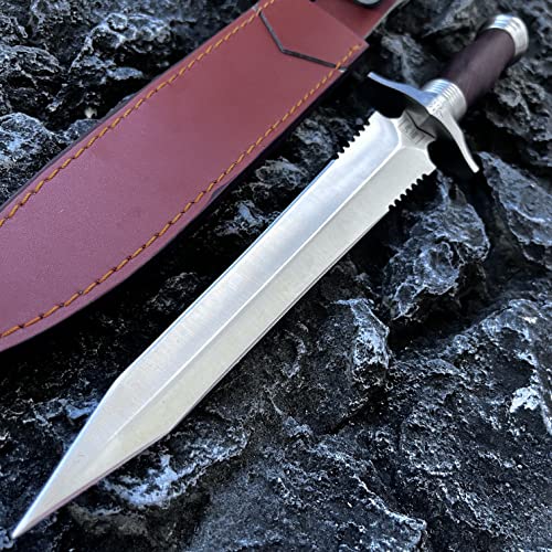 MADSABRE Fixed Blade Hunting Knife Saber with Leather Sheath, 15 Inches Outdoor Survival Tactical Knives, Double Edged Serrated Dagger Wood Handle