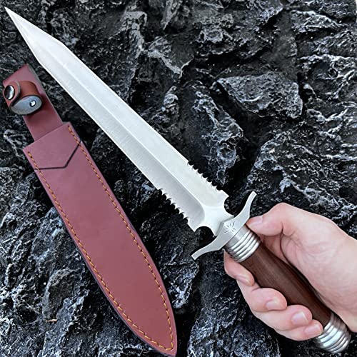 MADSABRE Fixed Blade Hunting Knife Saber with Leather Sheath, 15 Inches Outdoor Survival Tactical Knives, Double Edged Serrated Dagger Wood Handle