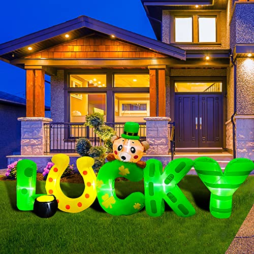 SEASONBLOW 8Ft Inflatable St. Patrick's Day Lucky Letters Bear with Gold Pot Decoration LED Light Up Decor for Home Yard Lawn Garden Indoor Outdoor