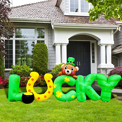 SEASONBLOW 8Ft Inflatable St. Patrick's Day Lucky Letters Bear with Gold Pot Decoration LED Light Up Decor for Home Yard Lawn Garden Indoor Outdoor