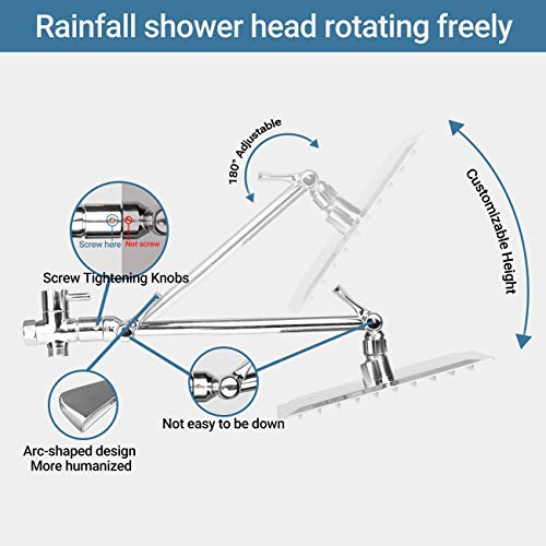 COSYLAND Rainfall Shower Head with Handheld Combo High Pressure 9 Settings with 11'' Extension Arm, Stainless Steel Bath Showerhead Shower Hose, Height/Angle Adjustable (8 inches, Silver)