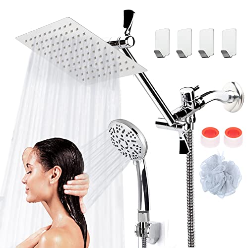 COSYLAND Rainfall Shower Head with Handheld Combo High Pressure 9 Settings with 11'' Extension Arm, Stainless Steel Bath Showerhead Shower Hose, Height/Angle Adjustable (8 inches, Silver)