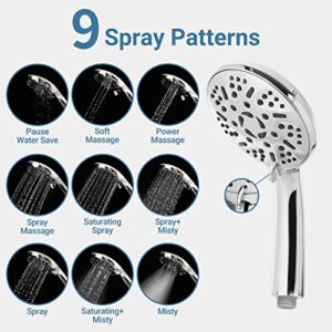 COSYLAND Rainfall Shower Head with Handheld Combo High Pressure 9 Settings with 11'' Extension Arm, Stainless Steel Bath Showerhead Shower Hose, Height/Angle Adjustable (8 inches, Silver)