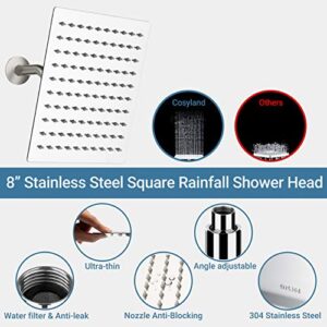 COSYLAND Rainfall Shower Head with Handheld Combo High Pressure 9 Settings with 11'' Extension Arm, Stainless Steel Bath Showerhead Shower Hose, Height/Angle Adjustable (8 inches, Silver)