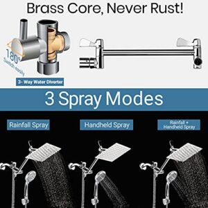 COSYLAND Rainfall Shower Head with Handheld Combo High Pressure 9 Settings with 11'' Extension Arm, Stainless Steel Bath Showerhead Shower Hose, Height/Angle Adjustable (8 inches, Silver)