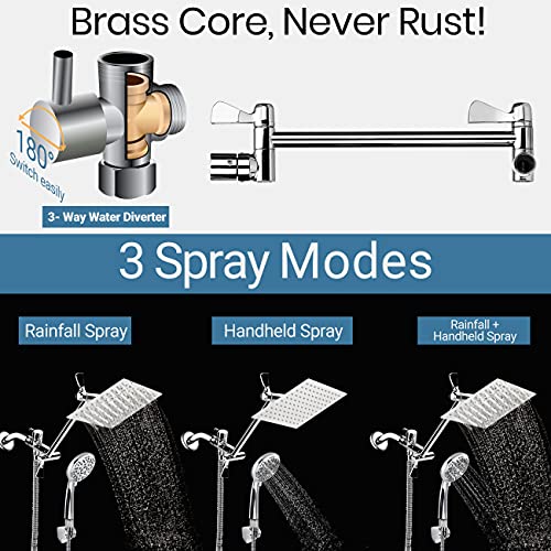 COSYLAND Rainfall Shower Head with Handheld Combo High Pressure 9 Settings with 11'' Extension Arm, Stainless Steel Bath Showerhead Shower Hose, Height/Angle Adjustable (8 inches, Silver)