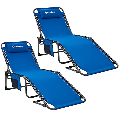 KingCamp Set of 2 Folding Lounge Chair - Adjustable 5 Positions Chaise Lounge Chair for Beach, Sunbathing, Patio, Pool, Lawn, Deck - Lay Flat Lounge Chair for Outdoor/Indoor with Pillow, Blue