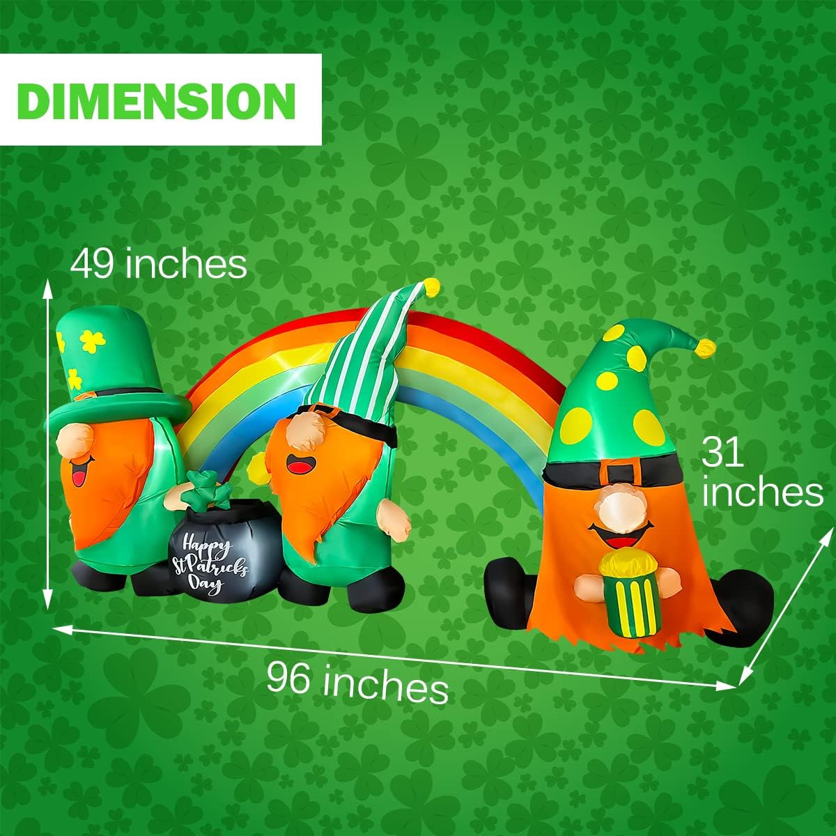 BLOWOUT FUN 8ft Inflatable St. Patrick's Day 3 Gnomes with Rainbow Decoration, LED Blow Up Lighted for Indoor Outdoor Holiday Art Decor Clearance