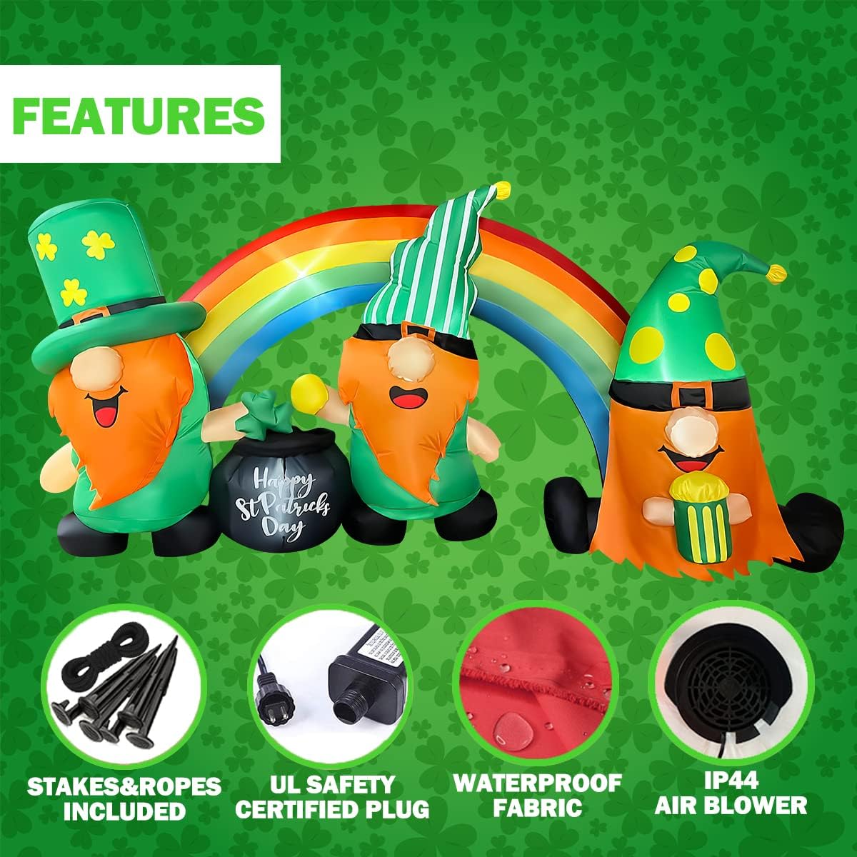 BLOWOUT FUN 8ft Inflatable St. Patrick's Day 3 Gnomes with Rainbow Decoration, LED Blow Up Lighted for Indoor Outdoor Holiday Art Decor Clearance