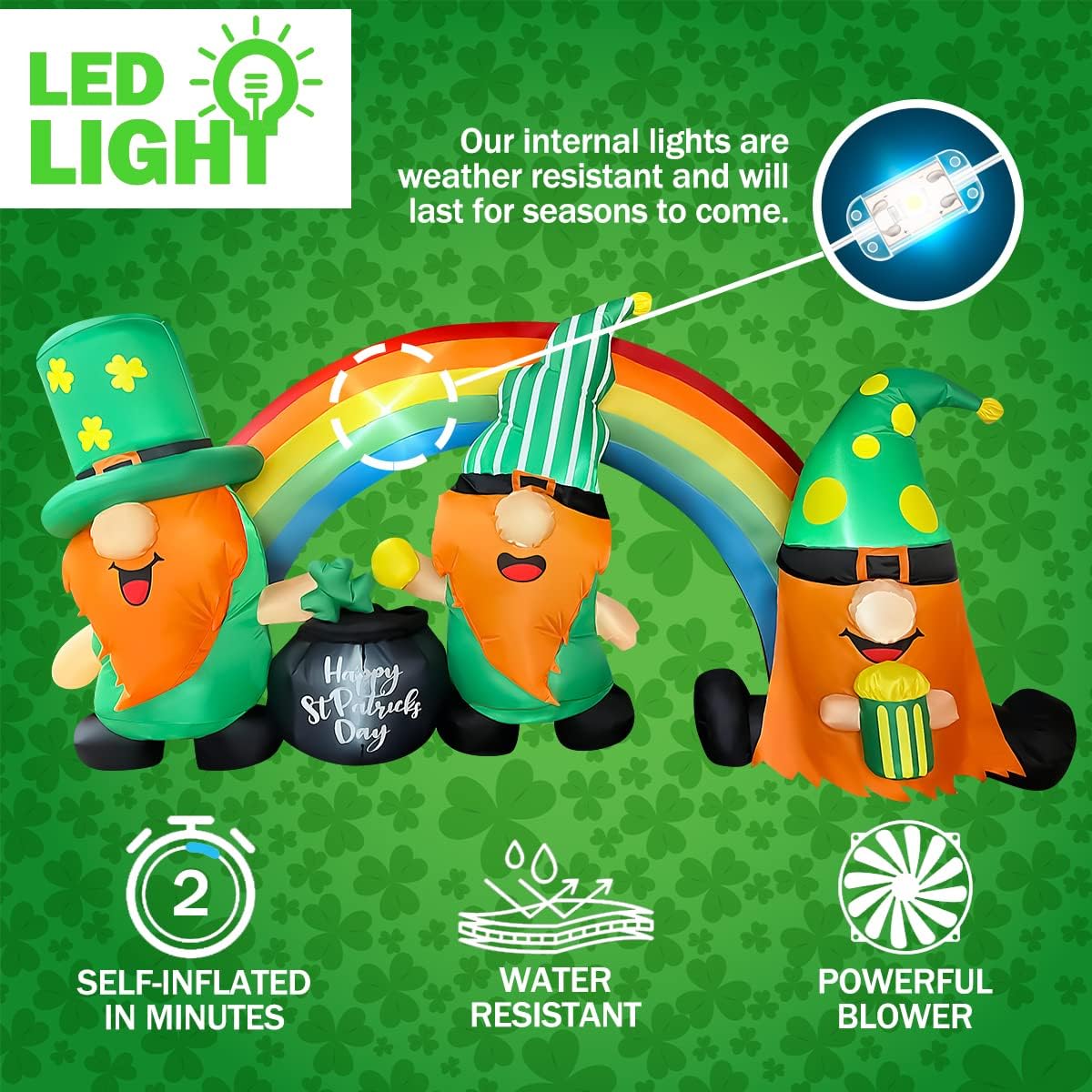 BLOWOUT FUN 8ft Inflatable St. Patrick's Day 3 Gnomes with Rainbow Decoration, LED Blow Up Lighted for Indoor Outdoor Holiday Art Decor Clearance