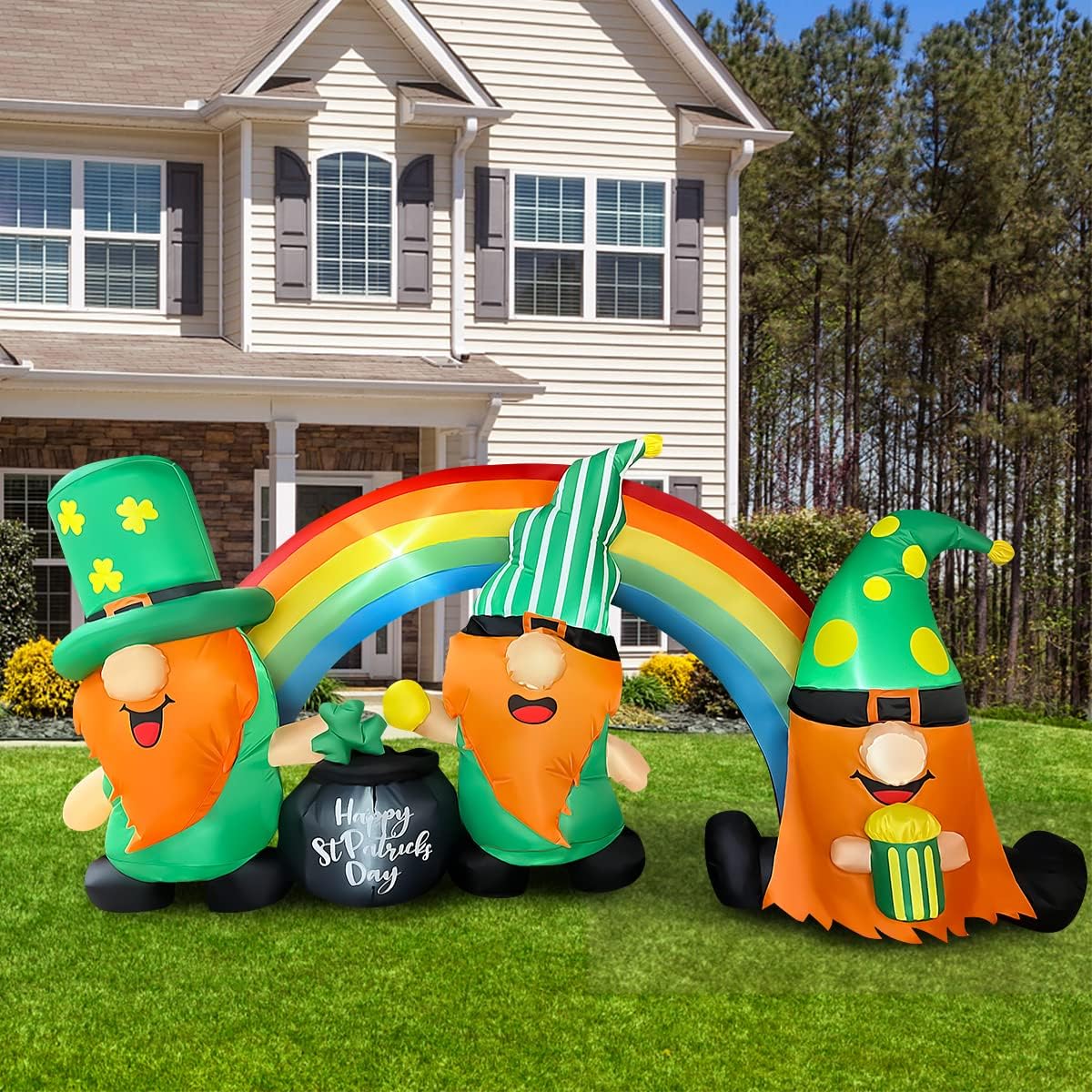 BLOWOUT FUN 8ft Inflatable St. Patrick's Day 3 Gnomes with Rainbow Decoration, LED Blow Up Lighted for Indoor Outdoor Holiday Art Decor Clearance