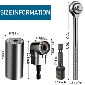 Mokoze Universal Socket Tool, Ratchet Wrench with 1/4"-3/4" (7mm-19mm) 105 Degree Right Angle Drill Attachment 4Pc Set for Daily Maintenance, Home Renovations Remodels