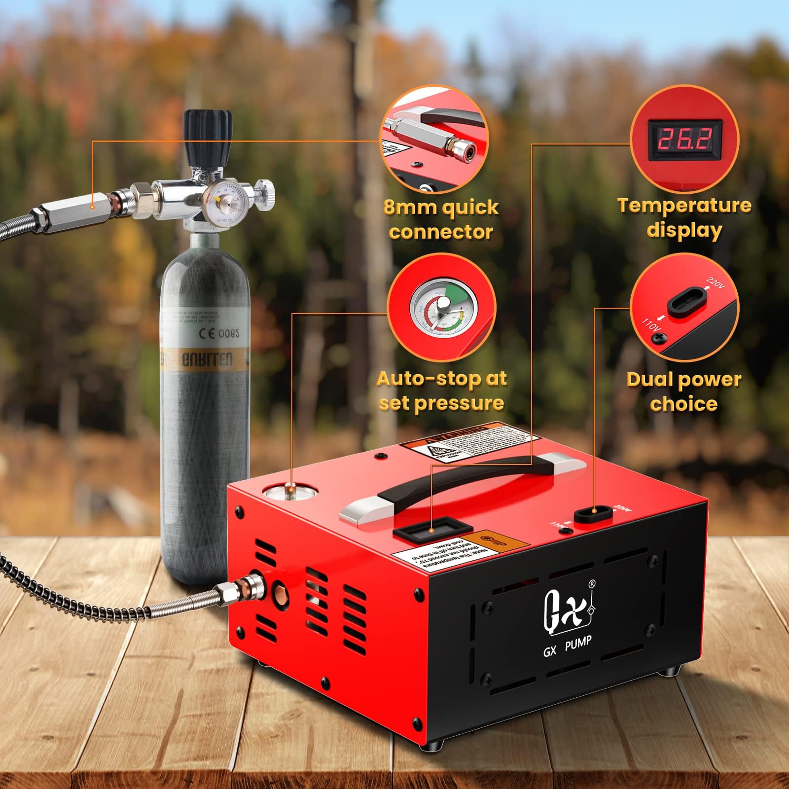 GX PUMP CS1-I PCP Air Compressor with Built-in Power Adapter,Auto-shutoff,Oil &Water-Free, 4500Psi/30Mpa, Powered by 110V /220V AC or 12V DC, Air Gun and Paintball/Scuba Tank Compressor Pump