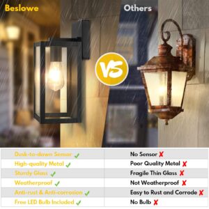 2-Pack Dusk to Dawn Outdoor Wall Light Fixtures with 2 LED Bulbs, Exterior Wall Mount Lanterns Waterproof, Wall Sconces in Matte Black Anti-Rust Wall Lamps with Clear Glass for Doorway Porch Garage