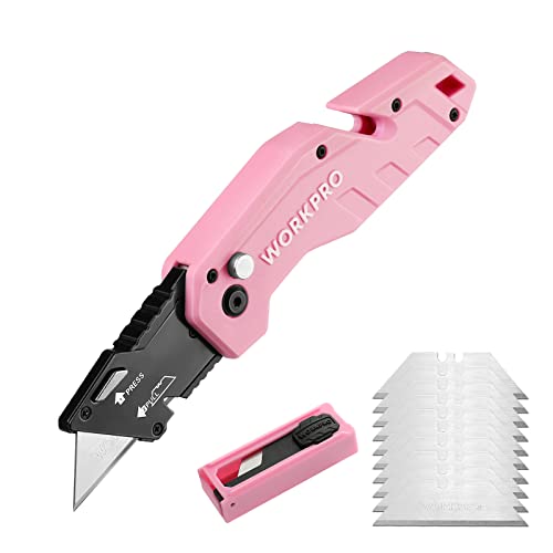 WORKPRO Folding Utility Knife, Quick Change Box Cutter, Pink Razor Knife for Cartons, Cardboard, Boxes, 10 Extra Blades Included - Pink Ribbon