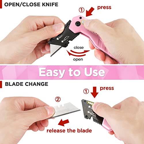 WORKPRO Folding Utility Knife, Quick Change Box Cutter, Pink Razor Knife for Cartons, Cardboard, Boxes, 10 Extra Blades Included - Pink Ribbon