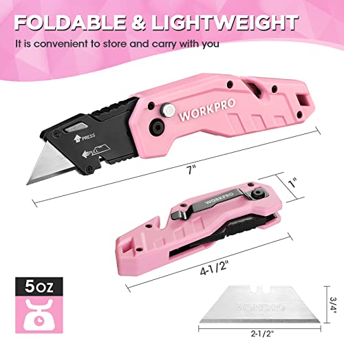 WORKPRO Folding Utility Knife, Quick Change Box Cutter, Pink Razor Knife for Cartons, Cardboard, Boxes, 10 Extra Blades Included - Pink Ribbon