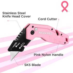 WORKPRO Folding Utility Knife, Quick Change Box Cutter, Pink Razor Knife for Cartons, Cardboard, Boxes, 10 Extra Blades Included - Pink Ribbon