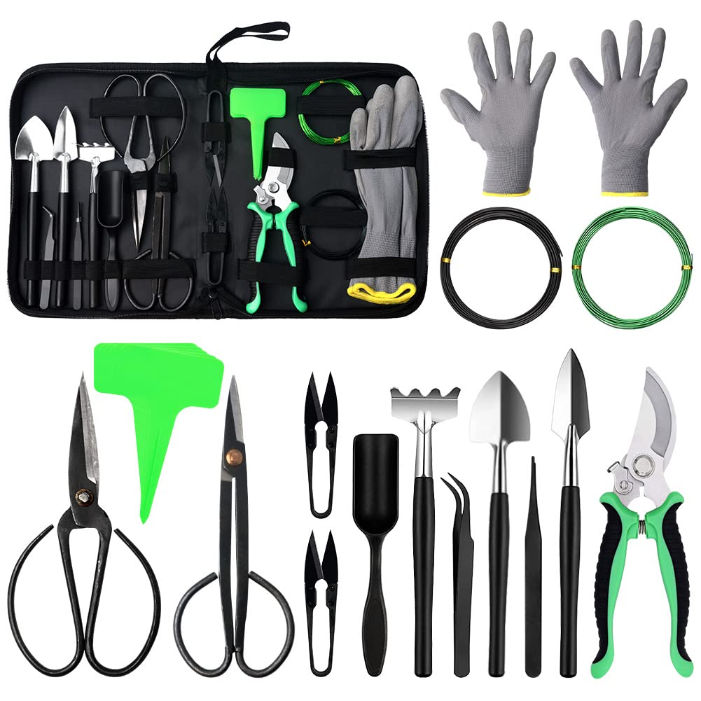 BUDDE Bonsai Tree Kit Bonsai Tools Set Succulent Kit 21 PCS Garden Hand Tool Set Include Pruning Shears, Carbon Steel Bonsai Scissors, Perfect Bonsai Starter Kit Gardening Trimming Tools(Green)