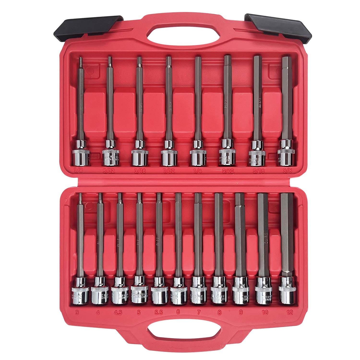 AMM 19-Piece 3/8 Inch Drive Extra Long Allen Hex Bit Socket Set, Standard SAE & Metric (1/8-Inch - 3/8-Inch, 3-12mm), S2 Alloy Steel, Durable Tool Accessories