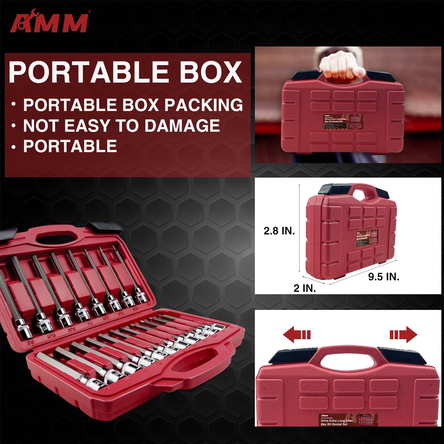 AMM 19-Piece 3/8 Inch Drive Extra Long Allen Hex Bit Socket Set, Standard SAE & Metric (1/8-Inch - 3/8-Inch, 3-12mm), S2 Alloy Steel, Durable Tool Accessories