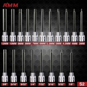 AMM 19-Piece 3/8 Inch Drive Extra Long Allen Hex Bit Socket Set, Standard SAE & Metric (1/8-Inch - 3/8-Inch, 3-12mm), S2 Alloy Steel, Durable Tool Accessories