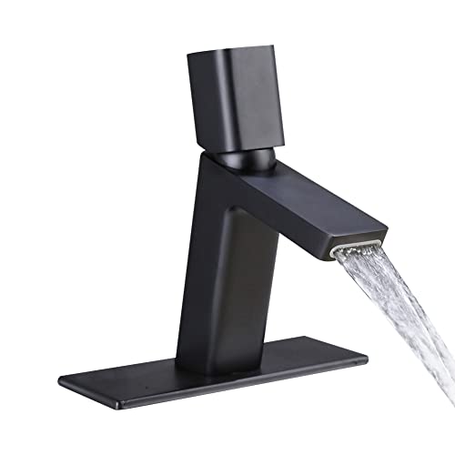 POP SANITARYWARE Waterfall Bathroom Sink Faucet with Deck Plate Matte Black Bathroom Faucets for Sink 1 or 3 Hole, Single Handle Solid Brass Bathroom Lavatory Faucet