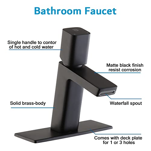 POP SANITARYWARE Waterfall Bathroom Sink Faucet with Deck Plate Matte Black Bathroom Faucets for Sink 1 or 3 Hole, Single Handle Solid Brass Bathroom Lavatory Faucet