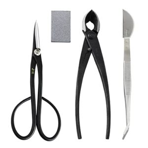 wazakura 4pcs bonsai essential tool kit made in japan, yasugi steel satsuki bonsai scissors + concave branch cutter 8in (200mm) + stainless tweezers + sap eraser set