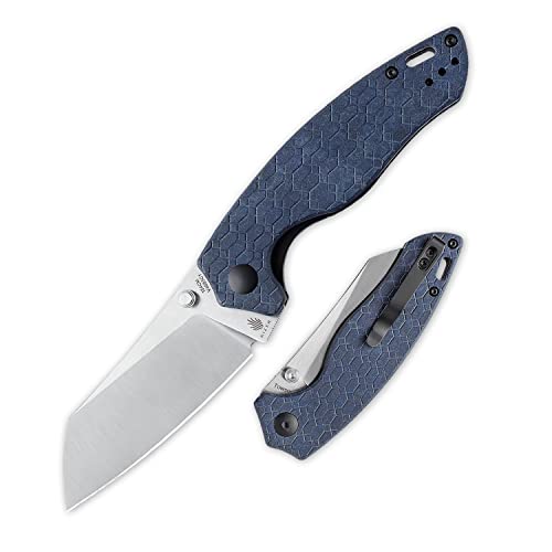 Kizer Towser K Folding Pocket Knife, 154CM Steel Sheepsfoot Blade Cleaver Knife with Blue Richlite Handle for Everyday Carry