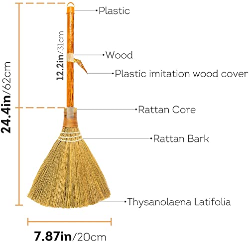 BMart Home Small Natural Whisk Sweeping Hand Handle Broom - Vietnamese Straw Soft Broom for Cleaning - Decoration Items - Indoor - Outdoor - 7.87'' Width, 24.4" Length