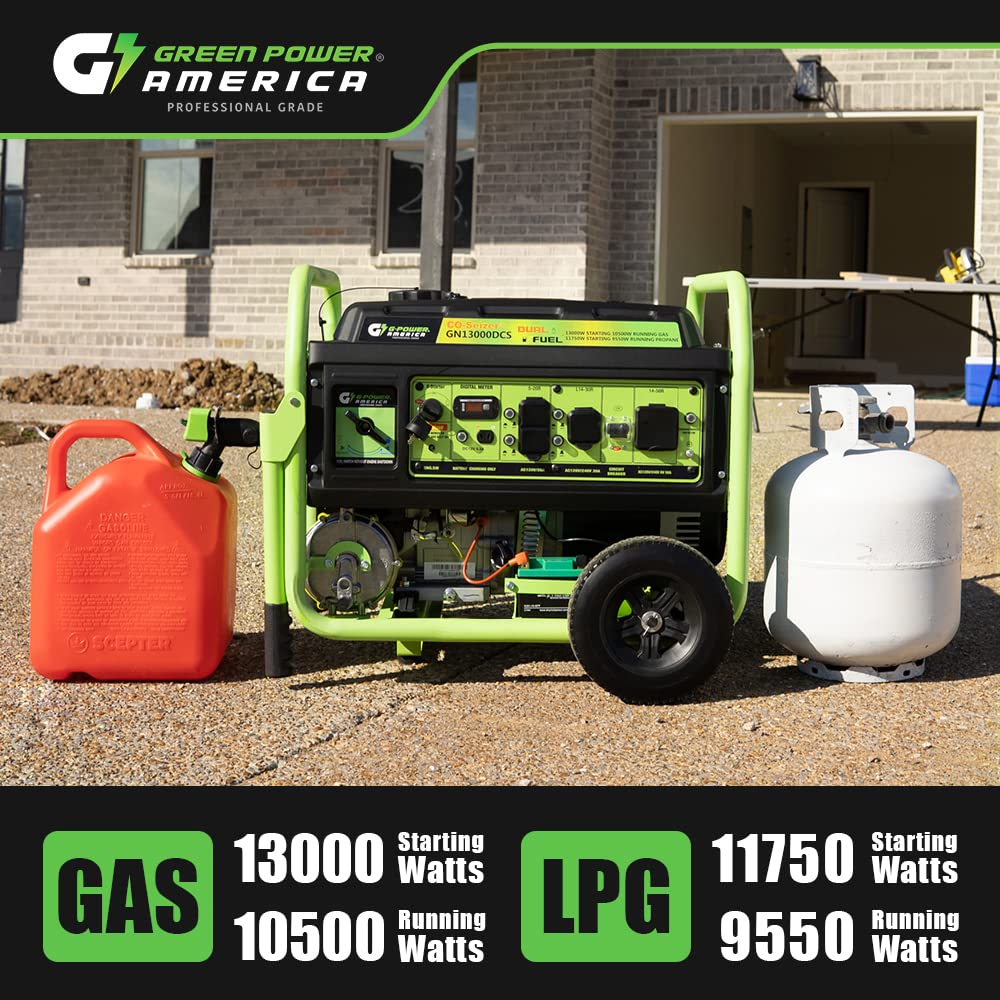 Green-Power America Dual Fuel Portable Generator 13000 Watt,Gas or Propane Powered,Electrical/Recoil Start, Equipped with CO-Seizer CO Protection System