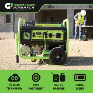 Green-Power America Dual Fuel Portable Generator 13000 Watt,Gas or Propane Powered,Electrical/Recoil Start, Equipped with CO-Seizer CO Protection System