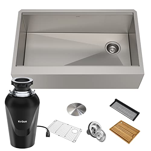 KRAUS Kore™ Workstation 33-inch Farmhouse Flat Apron Front 16 Gauge Single Bowl Stainless Steel Kitchen Sink with Accessories and WasteGuard™ Continuous Feed Garbage Disposal, KWF410-33-100-75MB