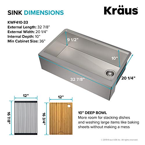 KRAUS Kore™ Workstation 33-inch Farmhouse Flat Apron Front 16 Gauge Single Bowl Stainless Steel Kitchen Sink with Accessories and WasteGuard™ Continuous Feed Garbage Disposal, KWF410-33-100-75MB