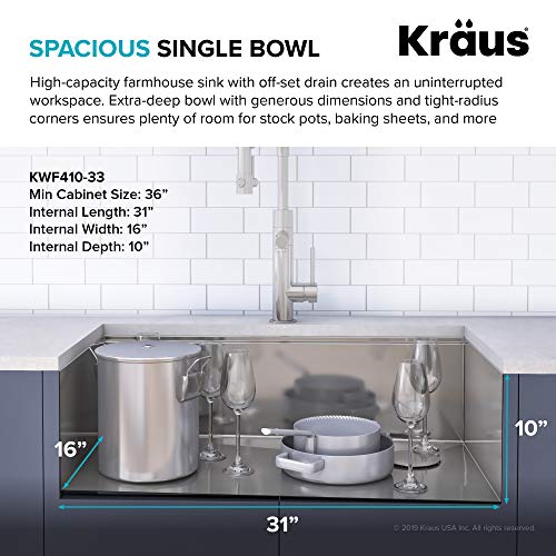 KRAUS Kore™ Workstation 33-inch Farmhouse Flat Apron Front 16 Gauge Single Bowl Stainless Steel Kitchen Sink with Accessories and WasteGuard™ Continuous Feed Garbage Disposal, KWF410-33-100-75MB